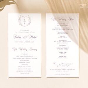 Lilac Pink Floral Crest Wedding Program Digital Template, Monogram ...