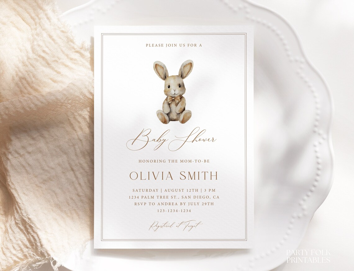 Editable Bunny Baby Shower Invitation Set Template, Minimalist Vintage ...