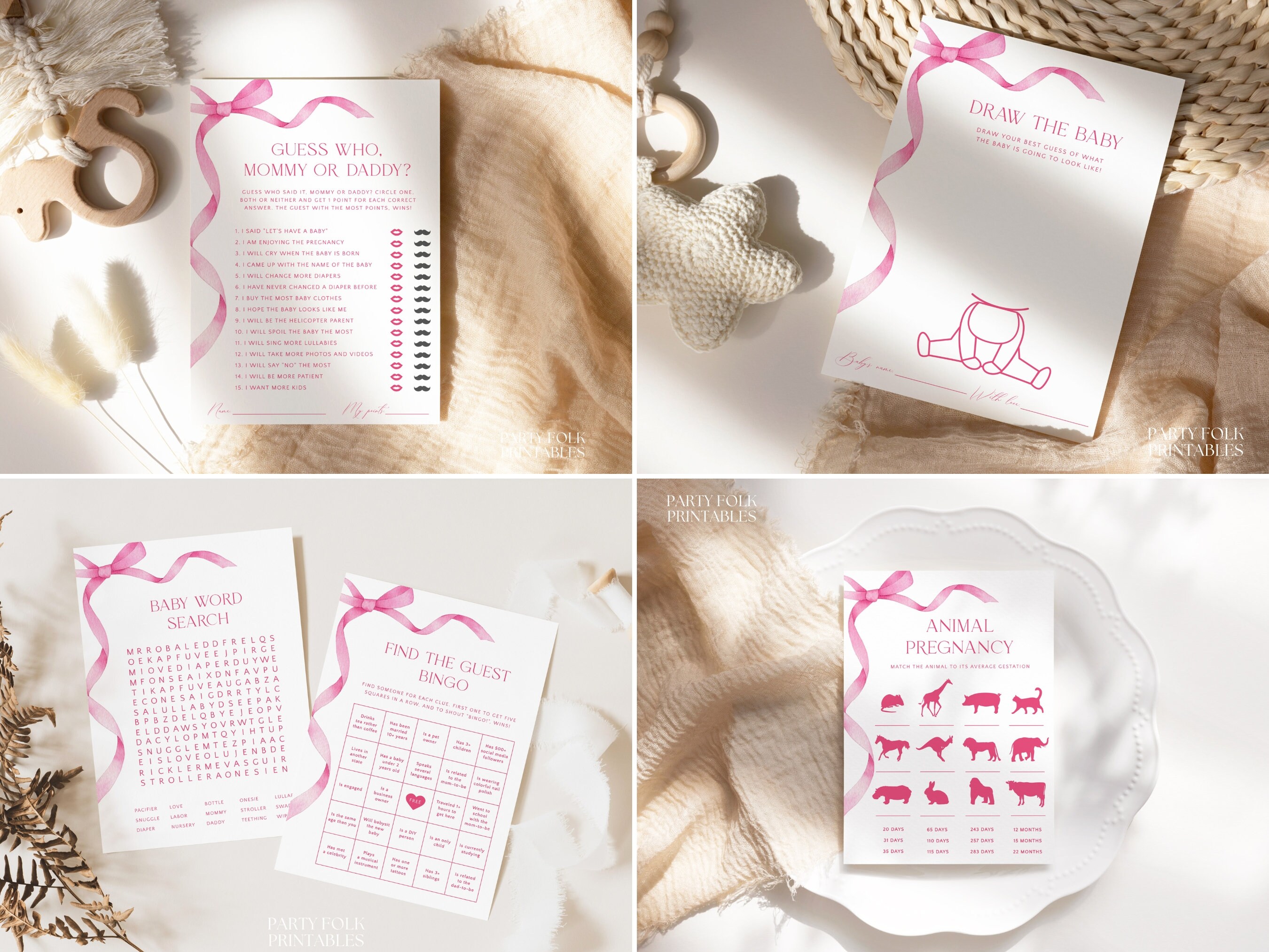 Editable Hot Pink Bow Baby Shower Game Bundle, Pink Ribbon Game ...