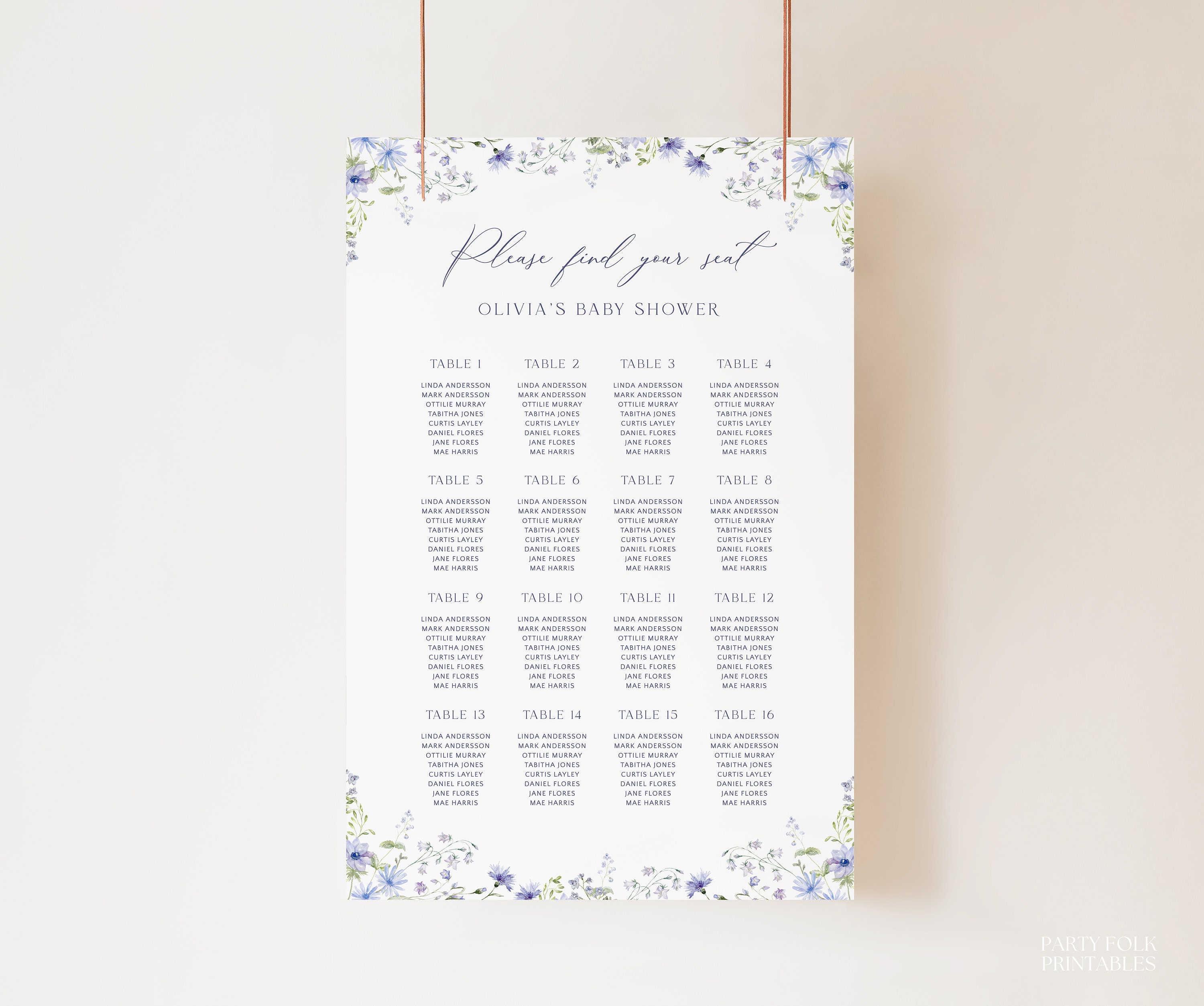 Editable Blue Floral Seating Chart Template, Instant Baby in Bloom ...