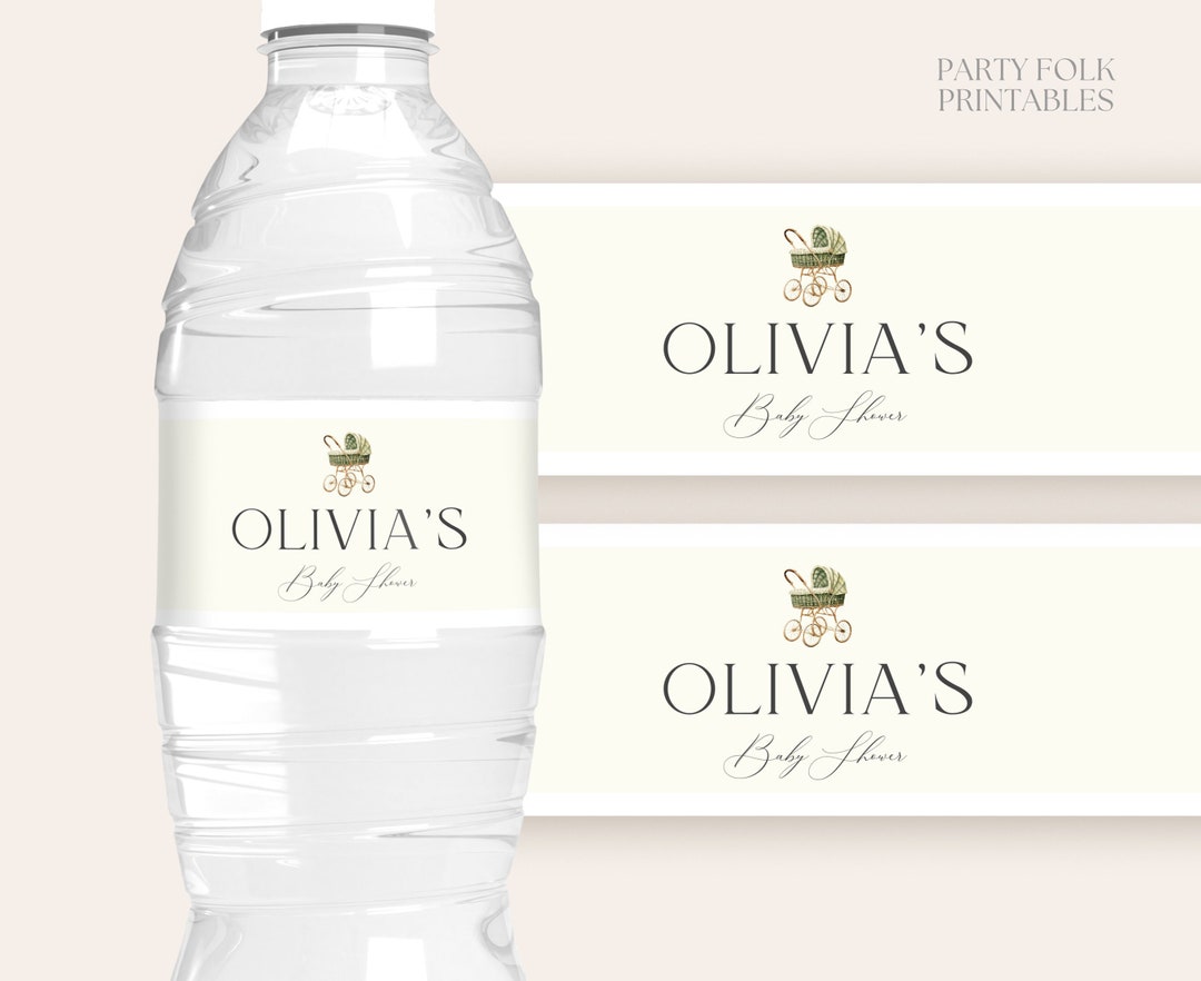 Editable Green Boho Baby Carriage Water Bottle Label, Printable Neutral ...