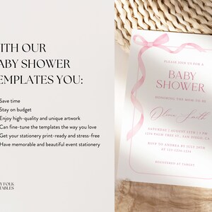 Editable Pink Bow Baby Shower Invitation Template, Blush Pink Girl Baby ...
