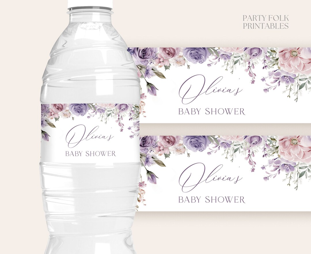 Editable Purple Pink Roses Water Bottle Label, Printable Floral Baby ...