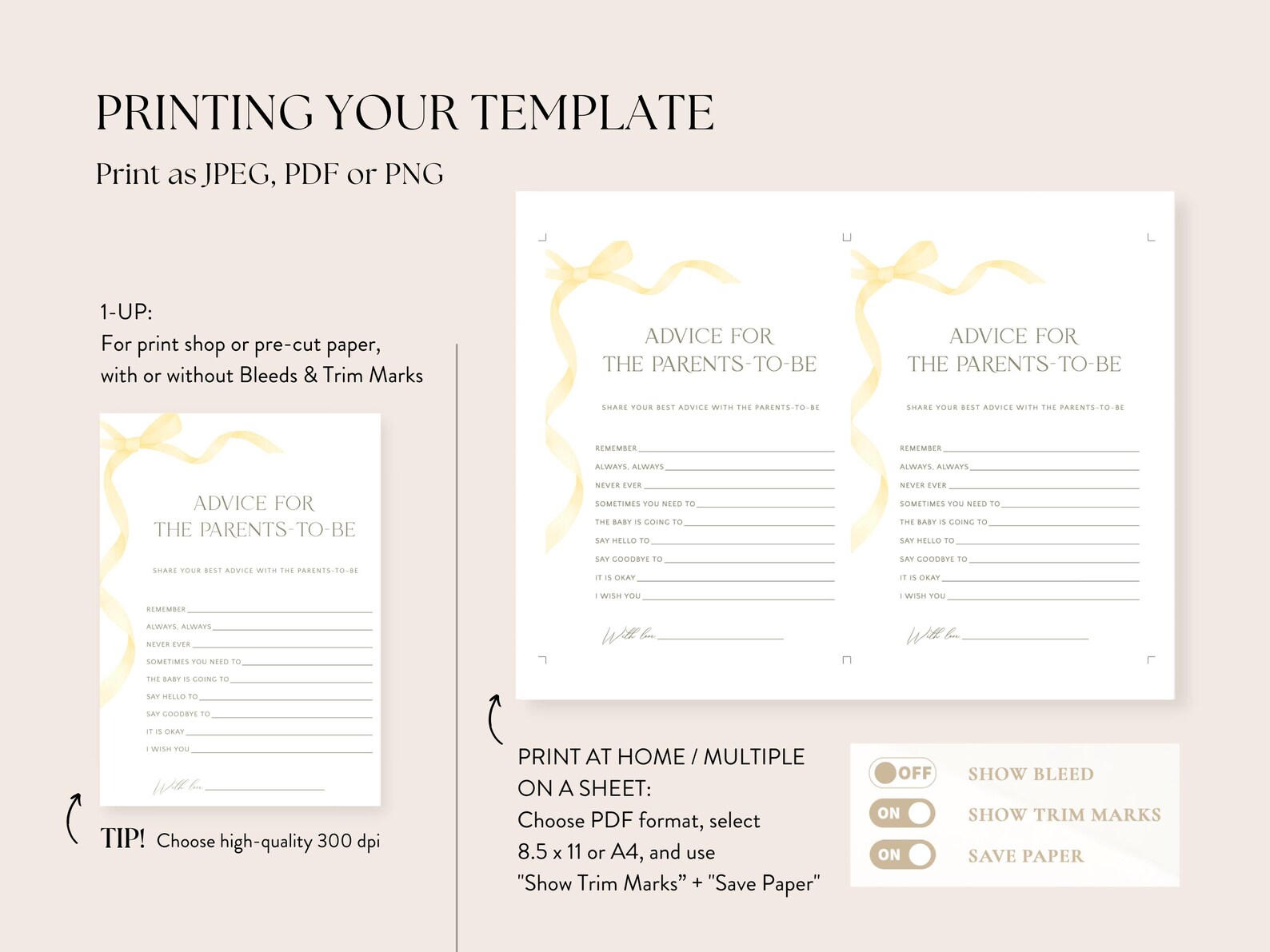 Yellow Bow Wishes for Baby Advice for Parents-to-be, Printable Light ...