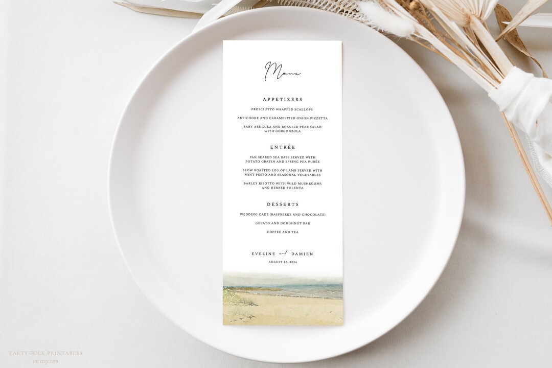 Beach Wedding Menu Digital Template, Watercolor Seaside Editable Menu ...