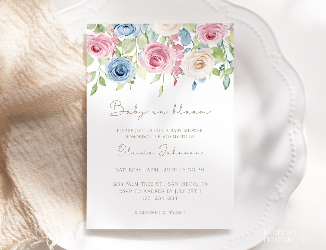 Baby in Bloom Baby Shower Invitation Template, Printable Pink and Blue ...