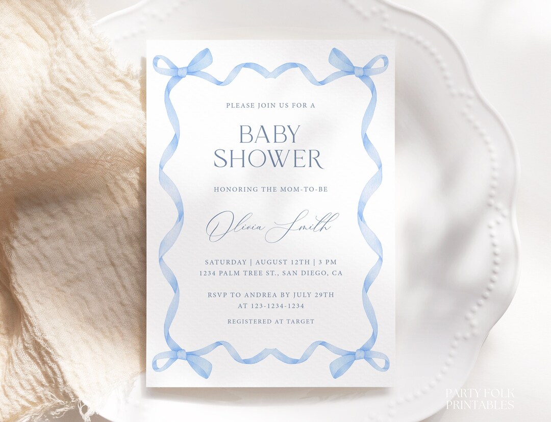 Blue Ribbon Frame Baby Shower Invitation Template, Editable Blue Bow ...
