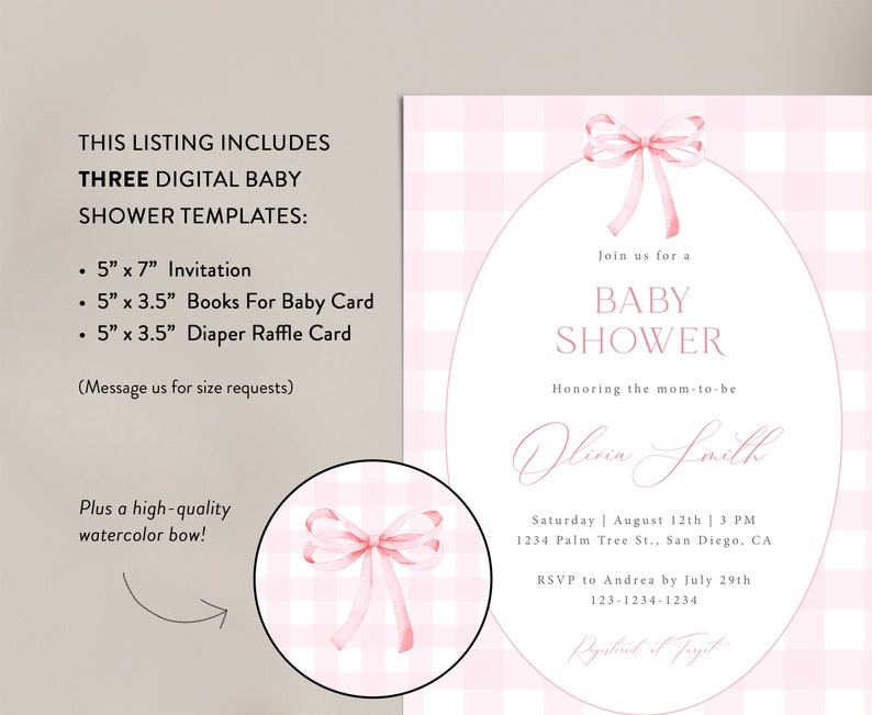 Editable Pink Preppy Gingham Baby Shower Invitation Template Set, Bow ...