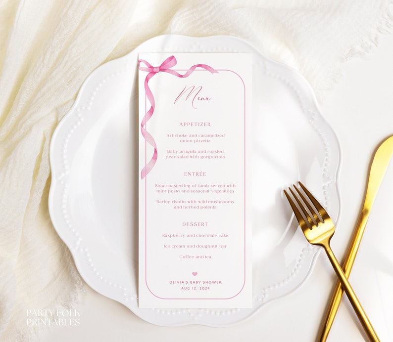 Editable Pink Bow Baby Shower Menu Template, Pink Ribbon Girl Shower ...