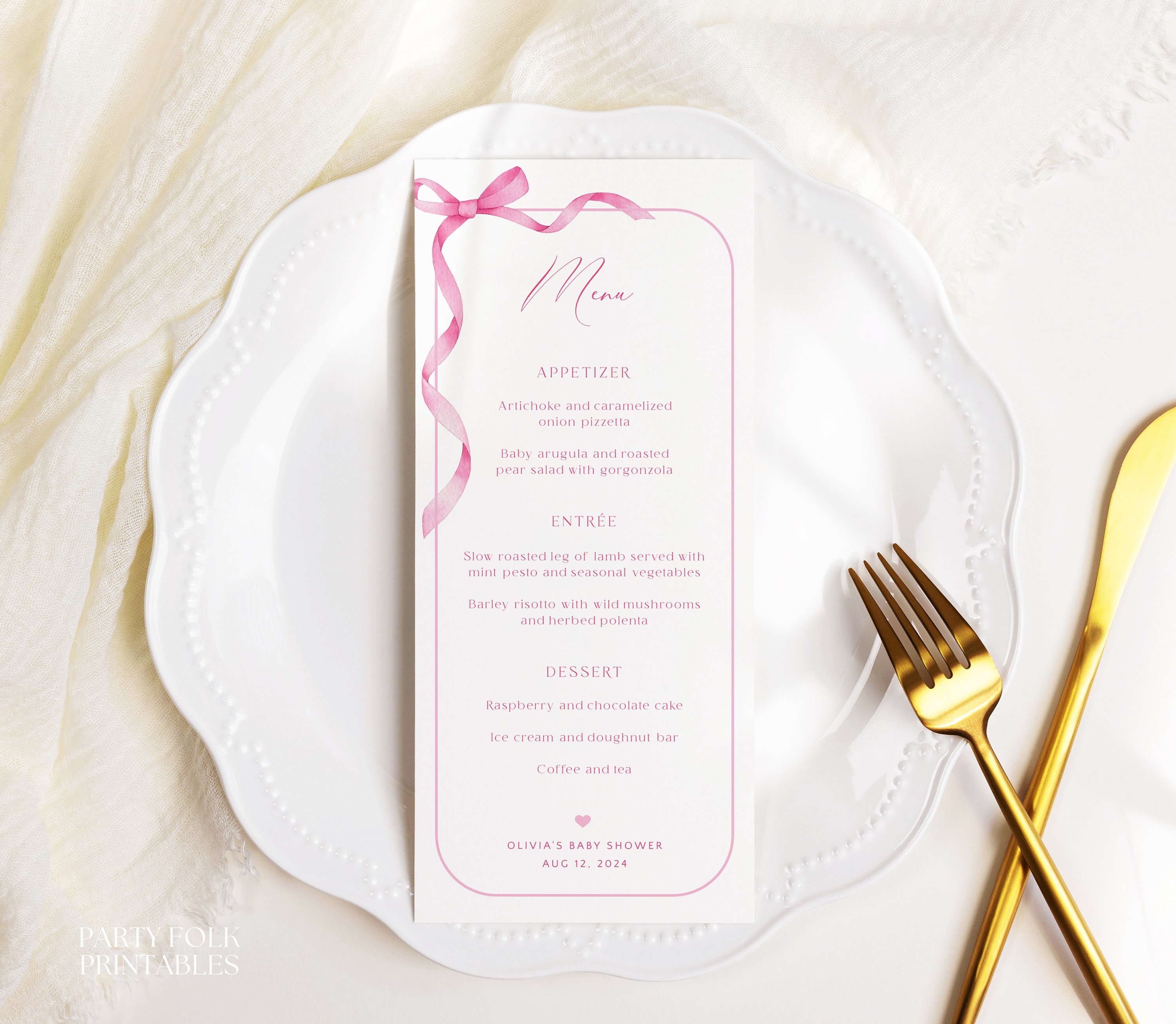 Editable Pink Bow Baby Shower Menu Template, Pink Ribbon Girl Shower ...