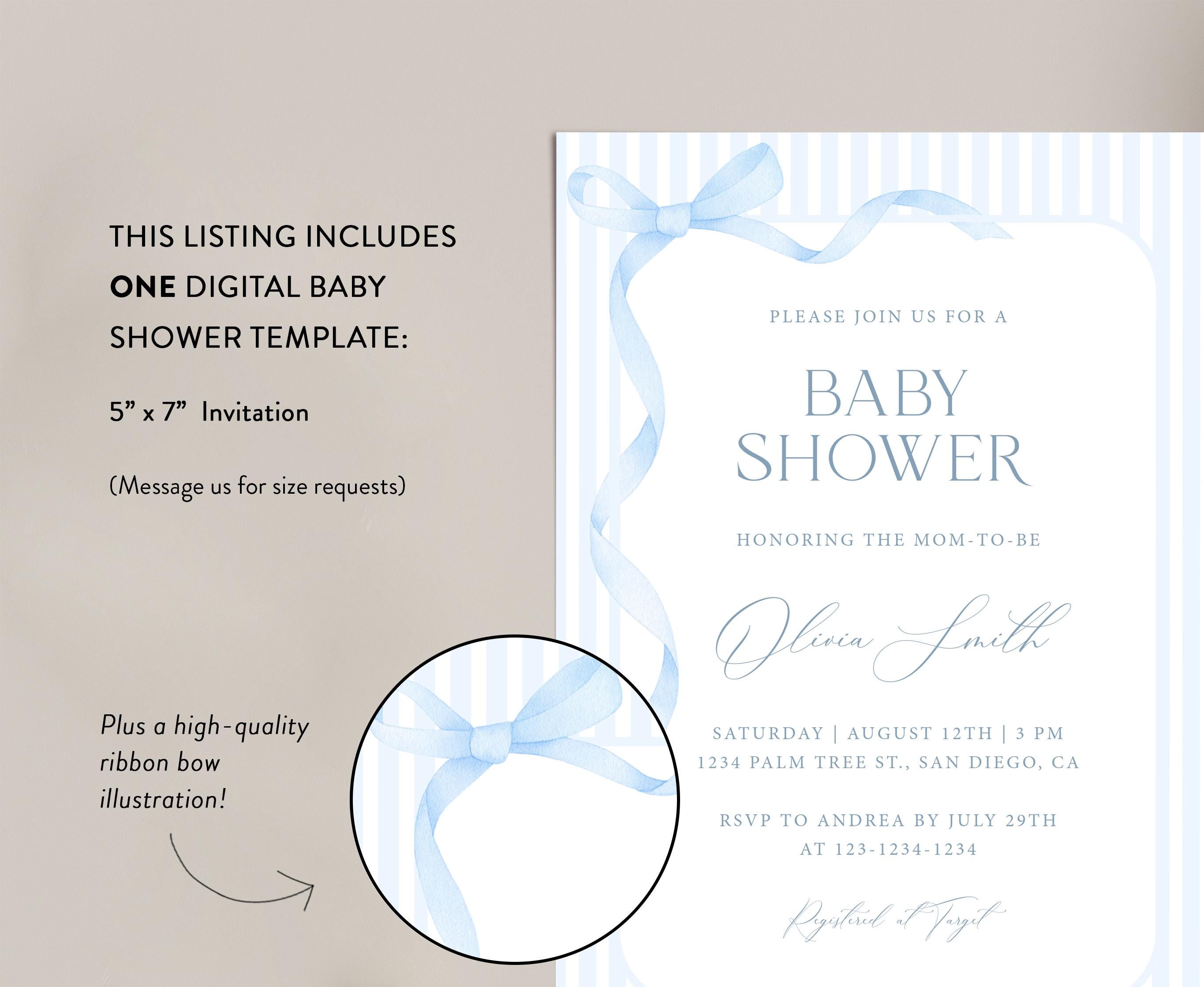 Editable Blue Bow & Stripes Baby Shower Invitation, Blue Ribbon Boy ...