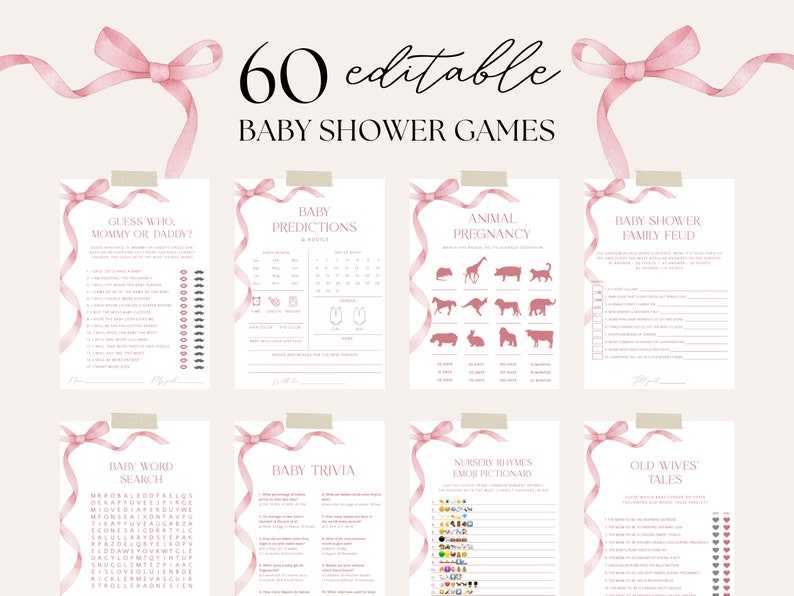 Editable Dusty Pink Bow Baby Shower Game Bundle, Pretty in Pink Ribbon ...