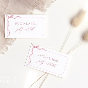 Editable Dusty Pink Bow Buffet Card Template, Pink Food Label, Blush ...