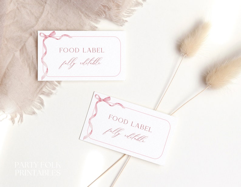 Editable Dusty Pink Bow Buffet Card Template, Pink Food Label, Blush ...