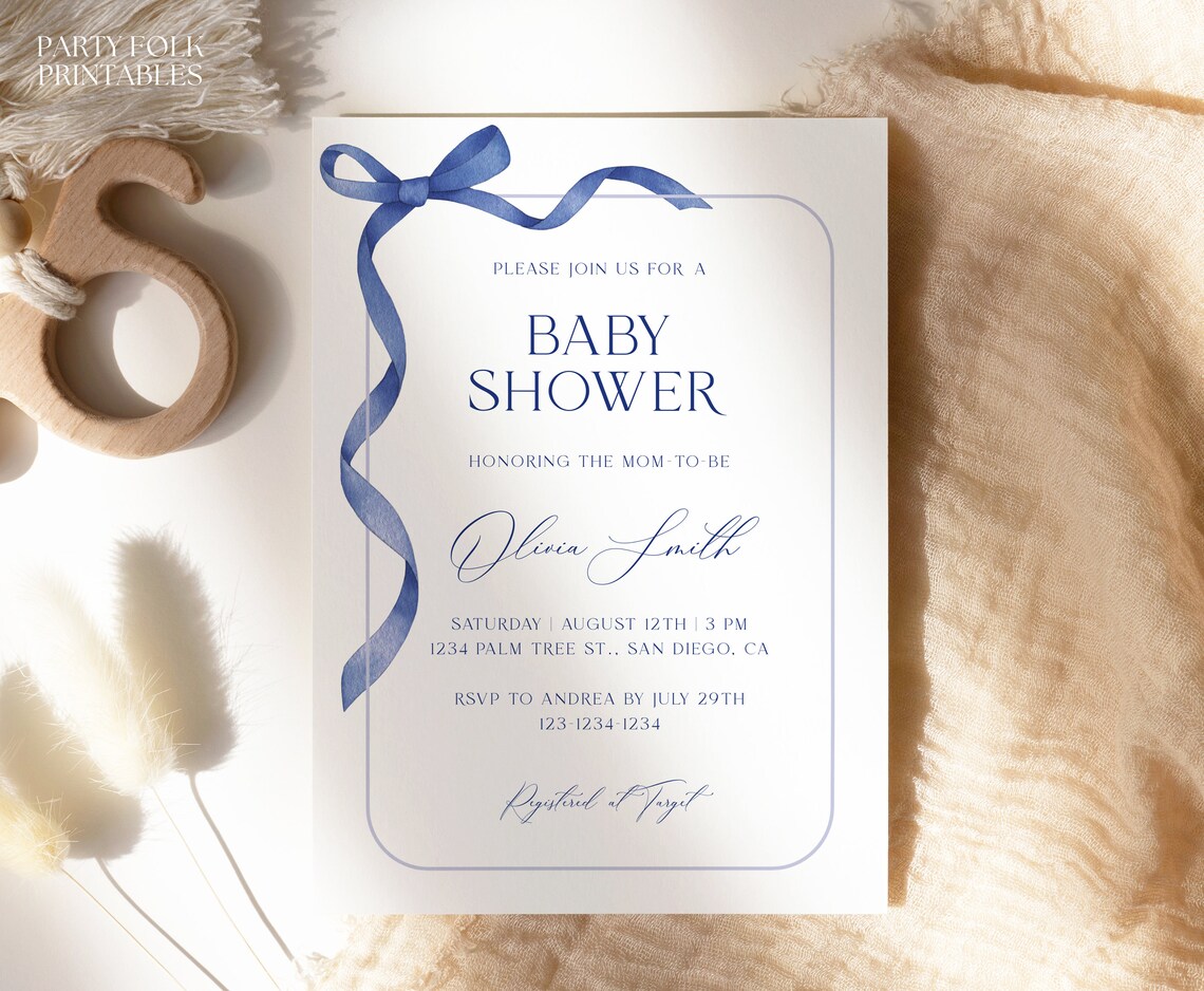 Editable Navy Blue Bow Baby Shower Invitation Template, Blue Ribbon ...