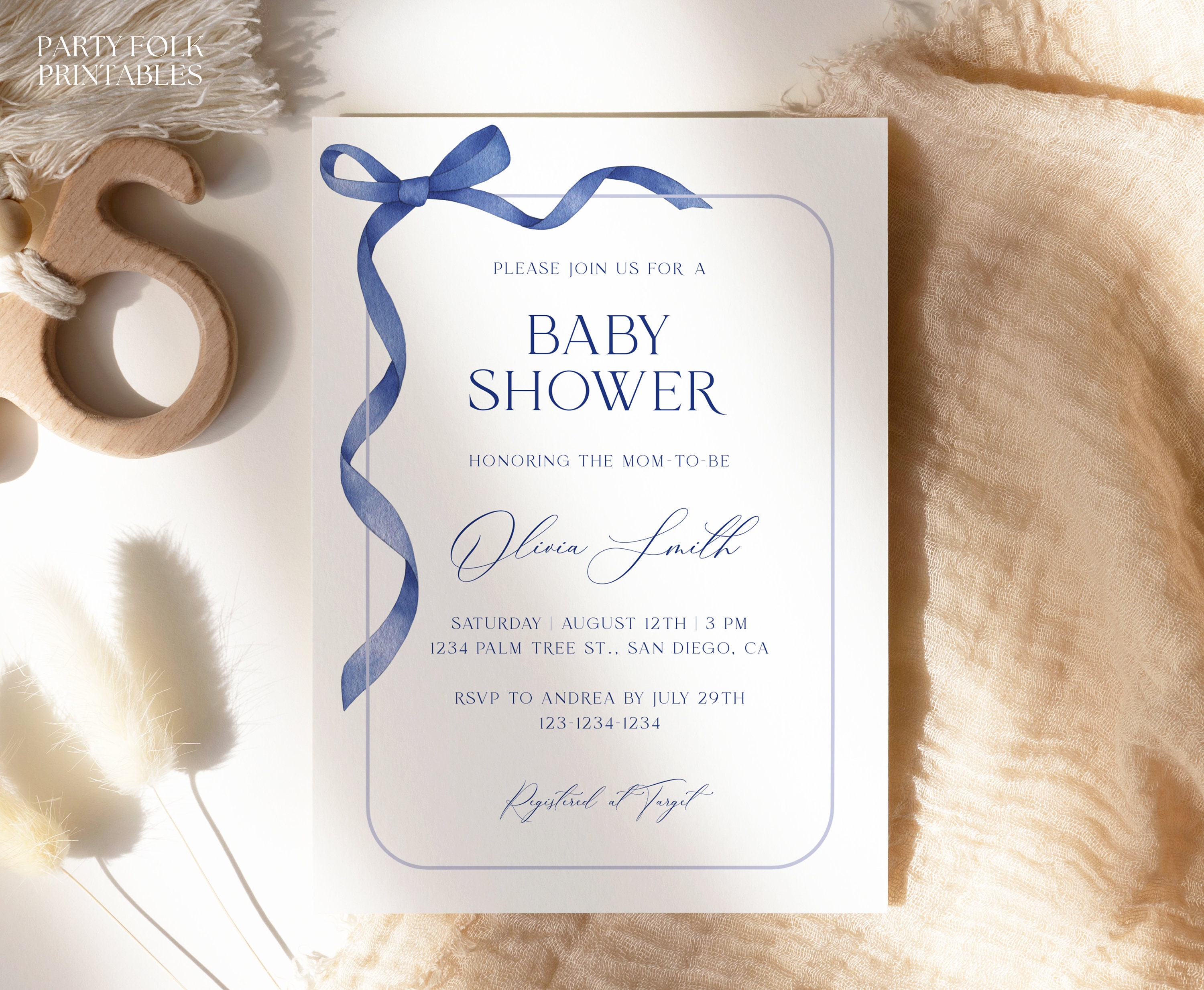 Editable Navy Blue Bow Baby Shower Invitation Template, Blue Ribbon ...