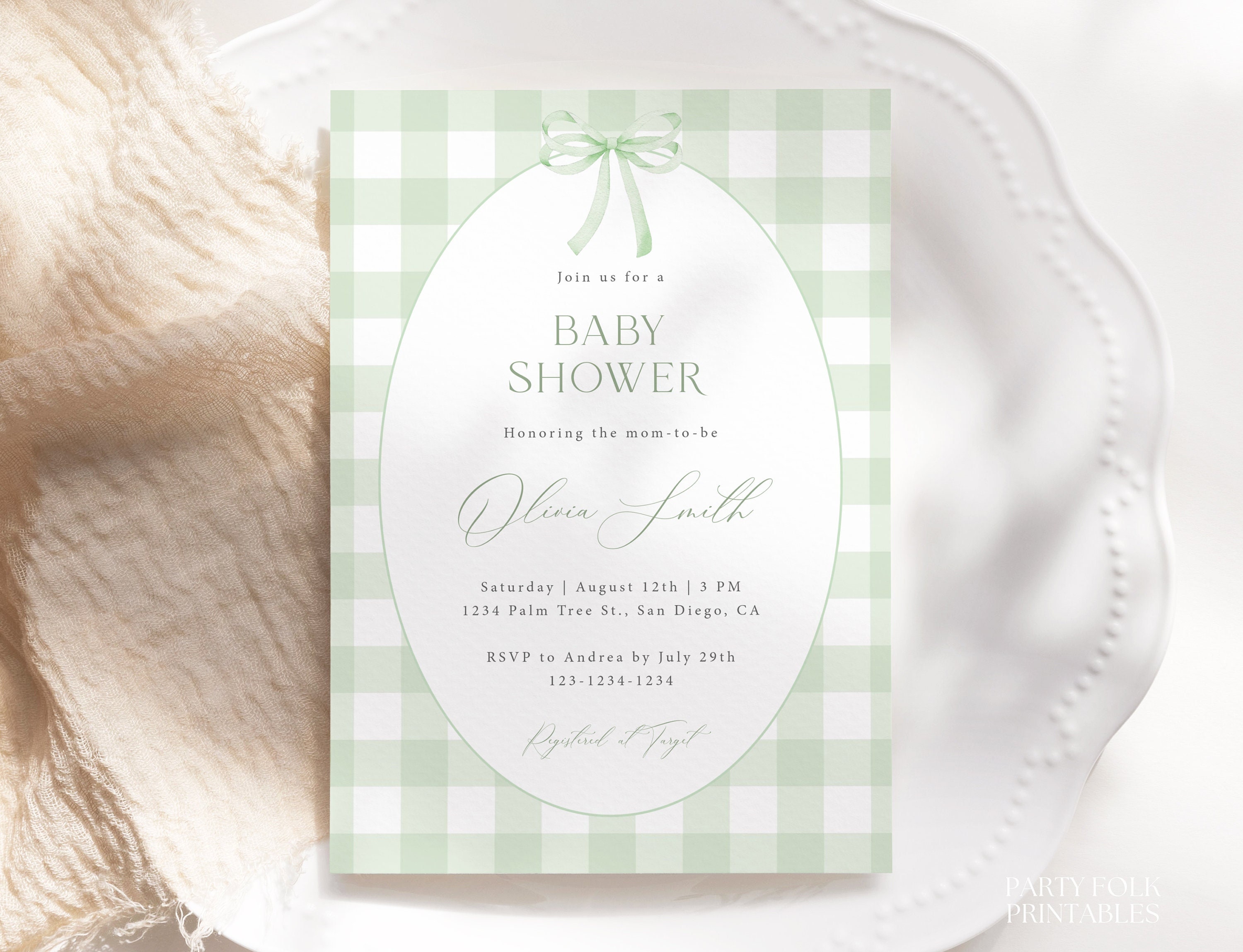 Editable Green Preppy Gingham Baby Shower Invitation Template, Gingham ...