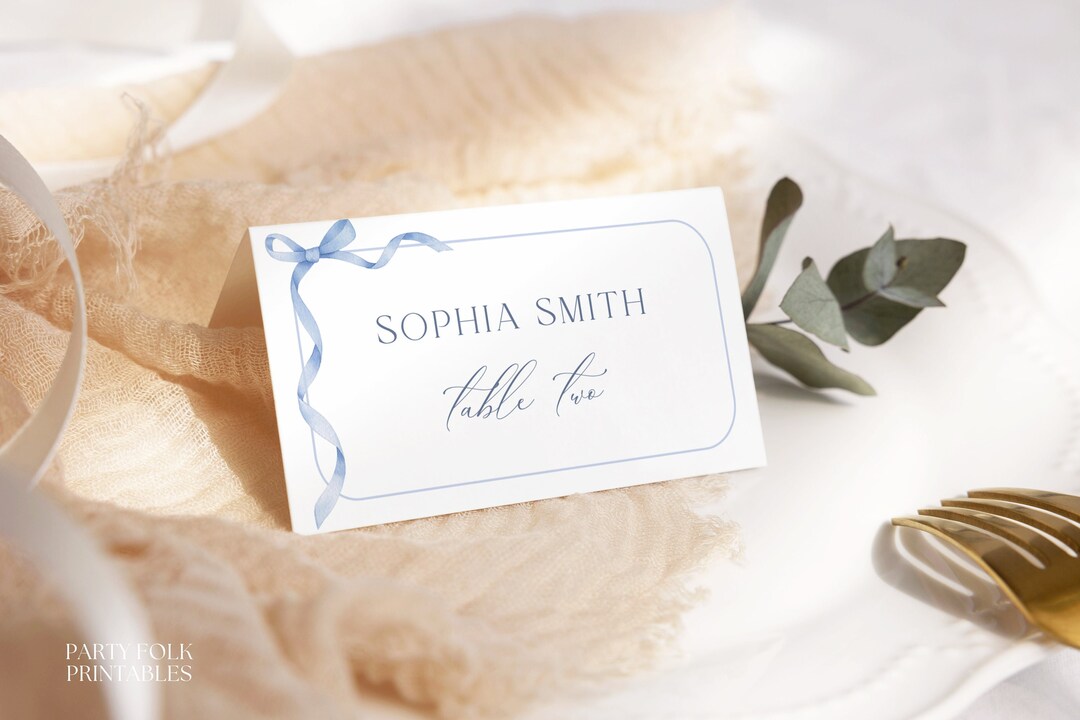 Editable Blue Bow Place Card Template, Dusty Blue Name Card, Ribbon ...