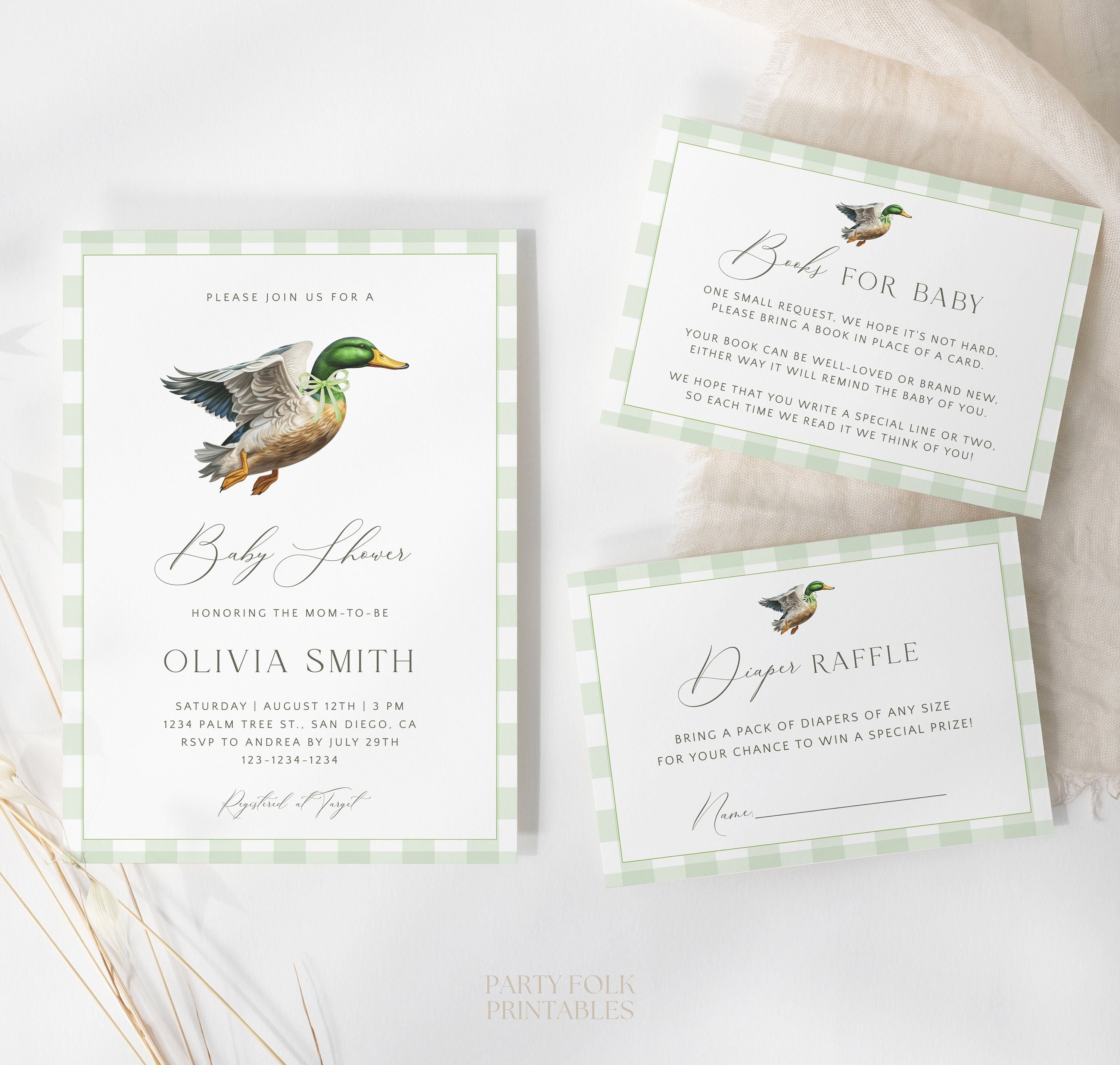 Editable Mallard Duck Baby Shower Invitation Set Template, Green ...
