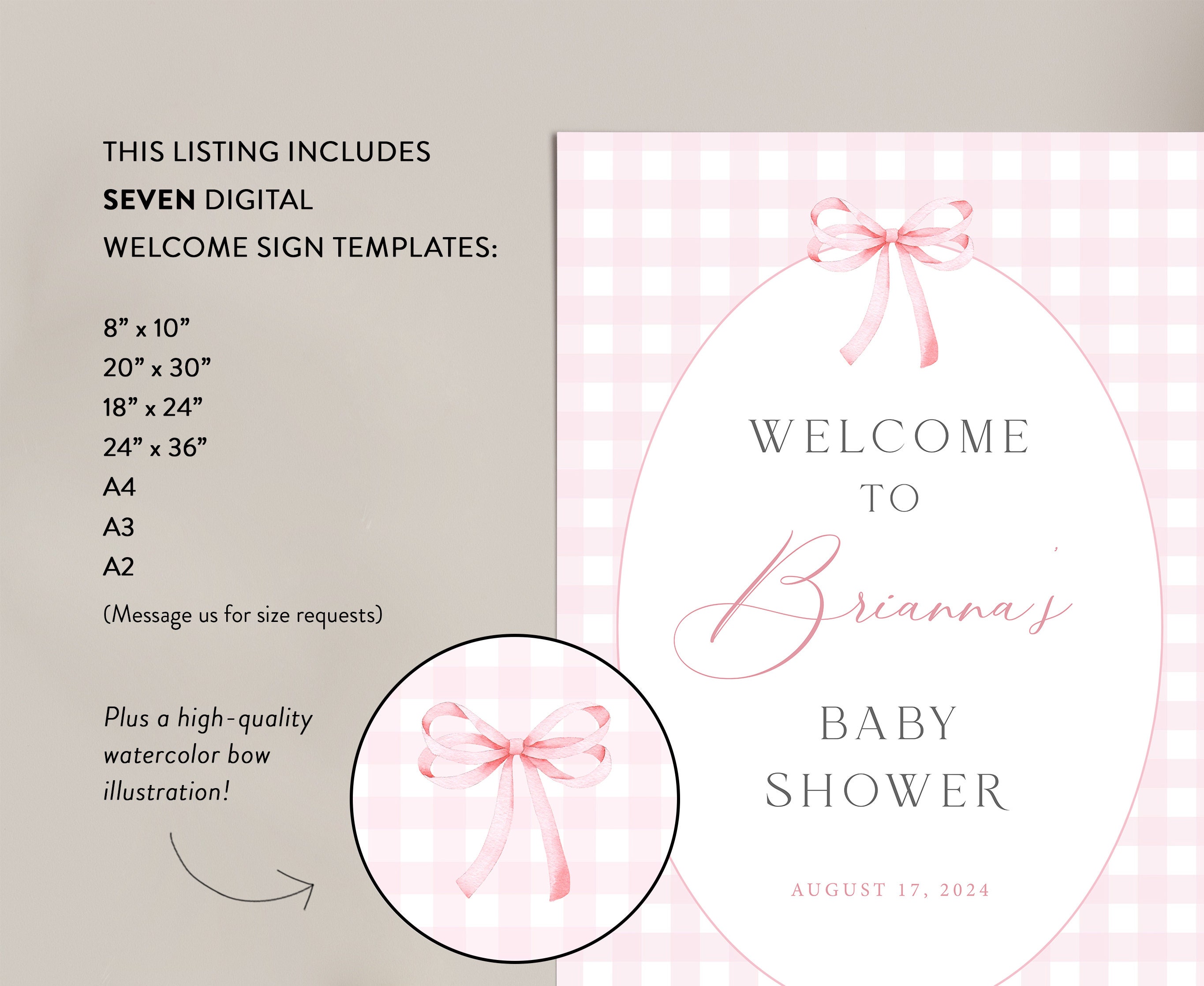 Editable Pink Preppy Gingham Baby Shower Welcome Sign Template, Gingham ...