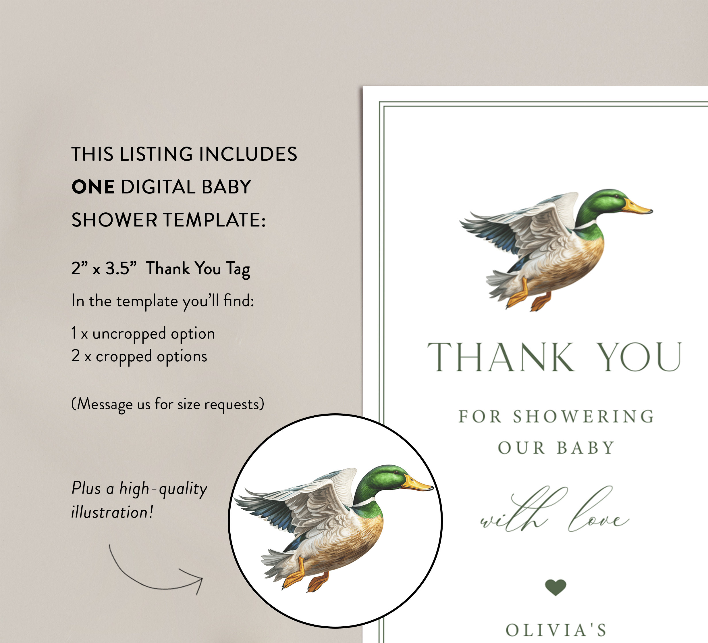 Editable Mallard Duck Baby Shower Thank You Tag, Printable Duck Baby ...