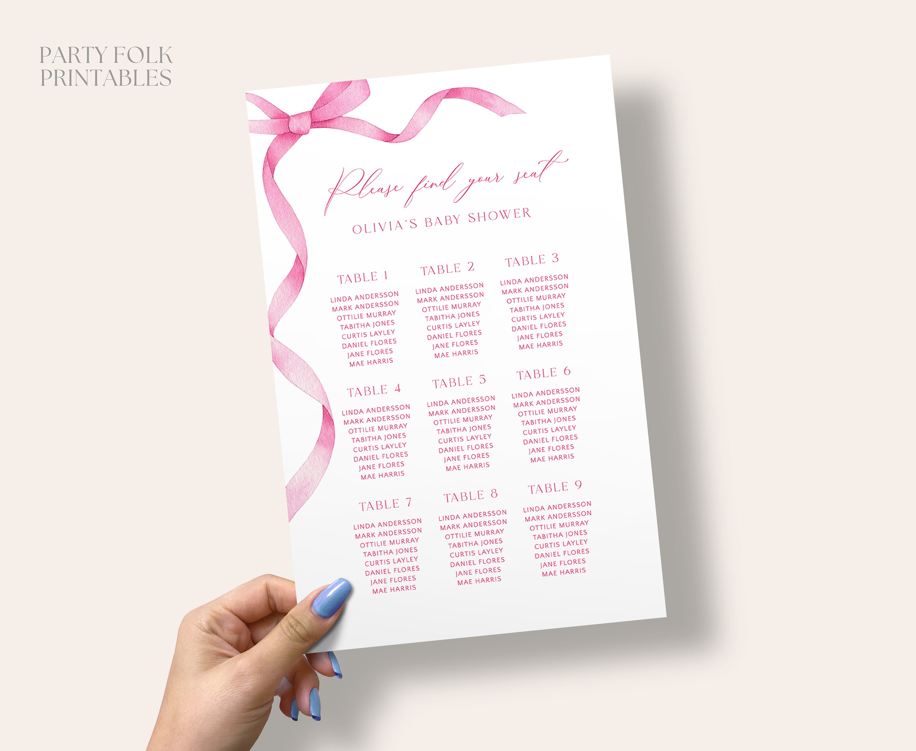 Editable Hot Pink Bow Seating Chart Template, Instant Girl Baby Shower ...