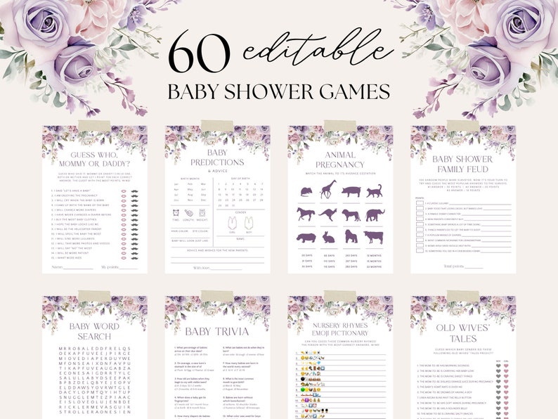 Purple Dusty Rose Baby Shower Game Bundle, Editable Lilac Baby in Bloom ...