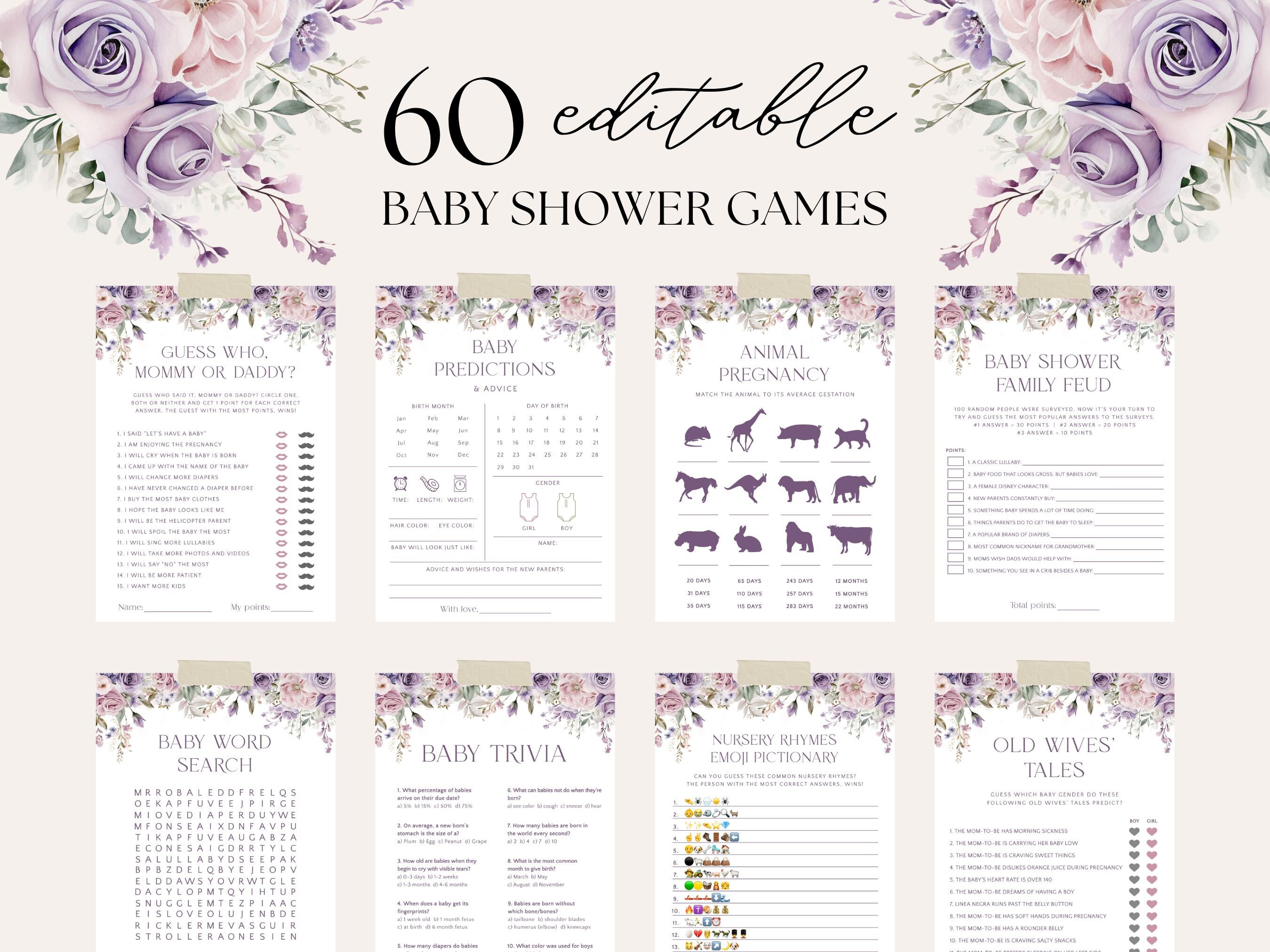 Purple Dusty Rose Baby Shower Game Bundle, Editable Lilac Baby in Bloom ...