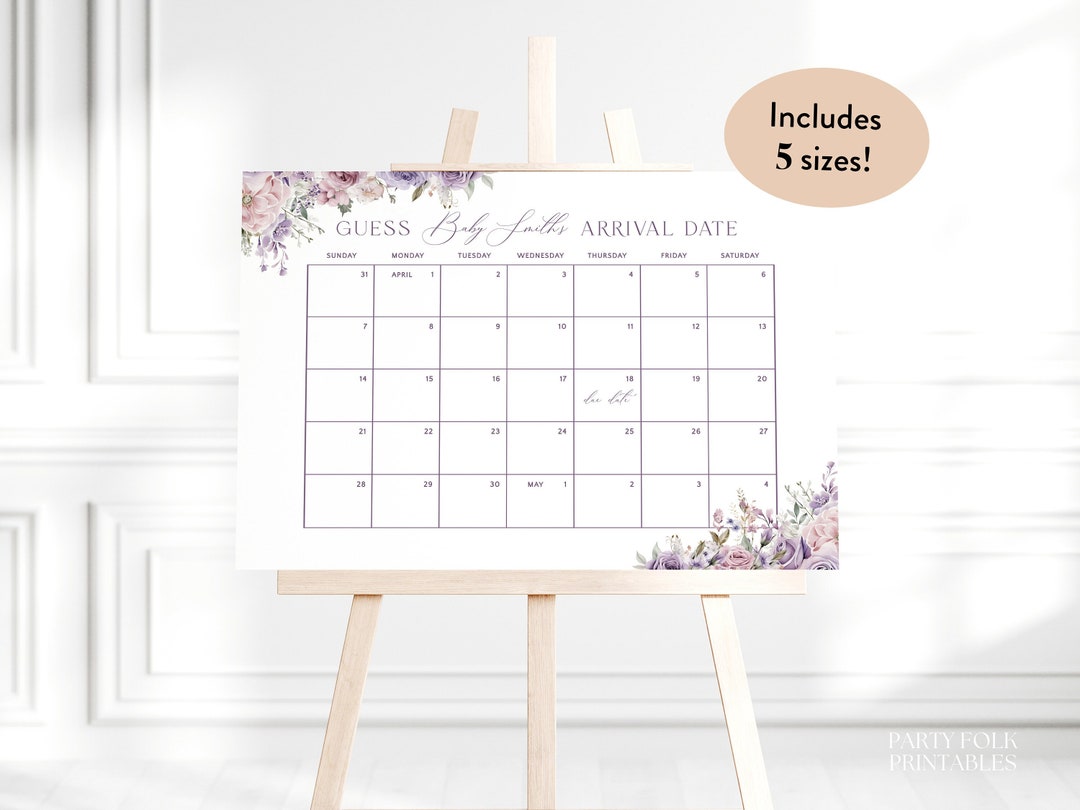 Editable Purple Pink Roses Guess the Due Date Calendar, Lilac Bloom ...