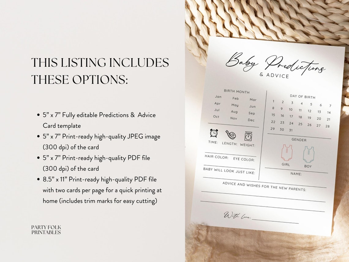 Editable Minimalist Baby Shower Predictions and Advice Card, Modern ...