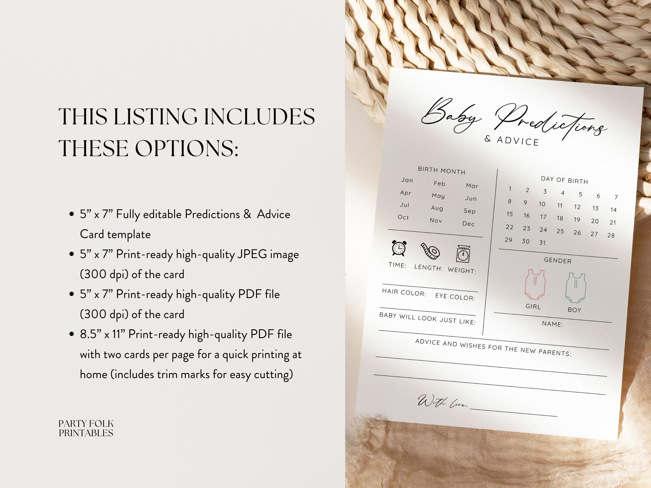 Editable Minimalist Baby Shower Predictions and Advice Card, Modern ...