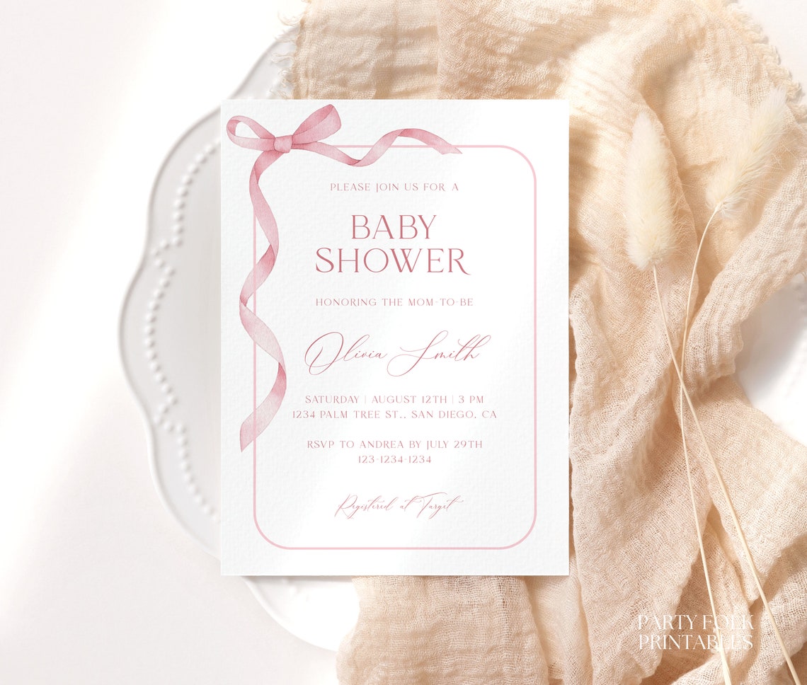 Editable Dusty Pink Bow Baby Shower Invitation, Pink Ribbon Baby Shower ...