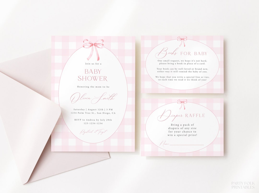Editable Pink Preppy Gingham Baby Shower Invitation Template - Etsy