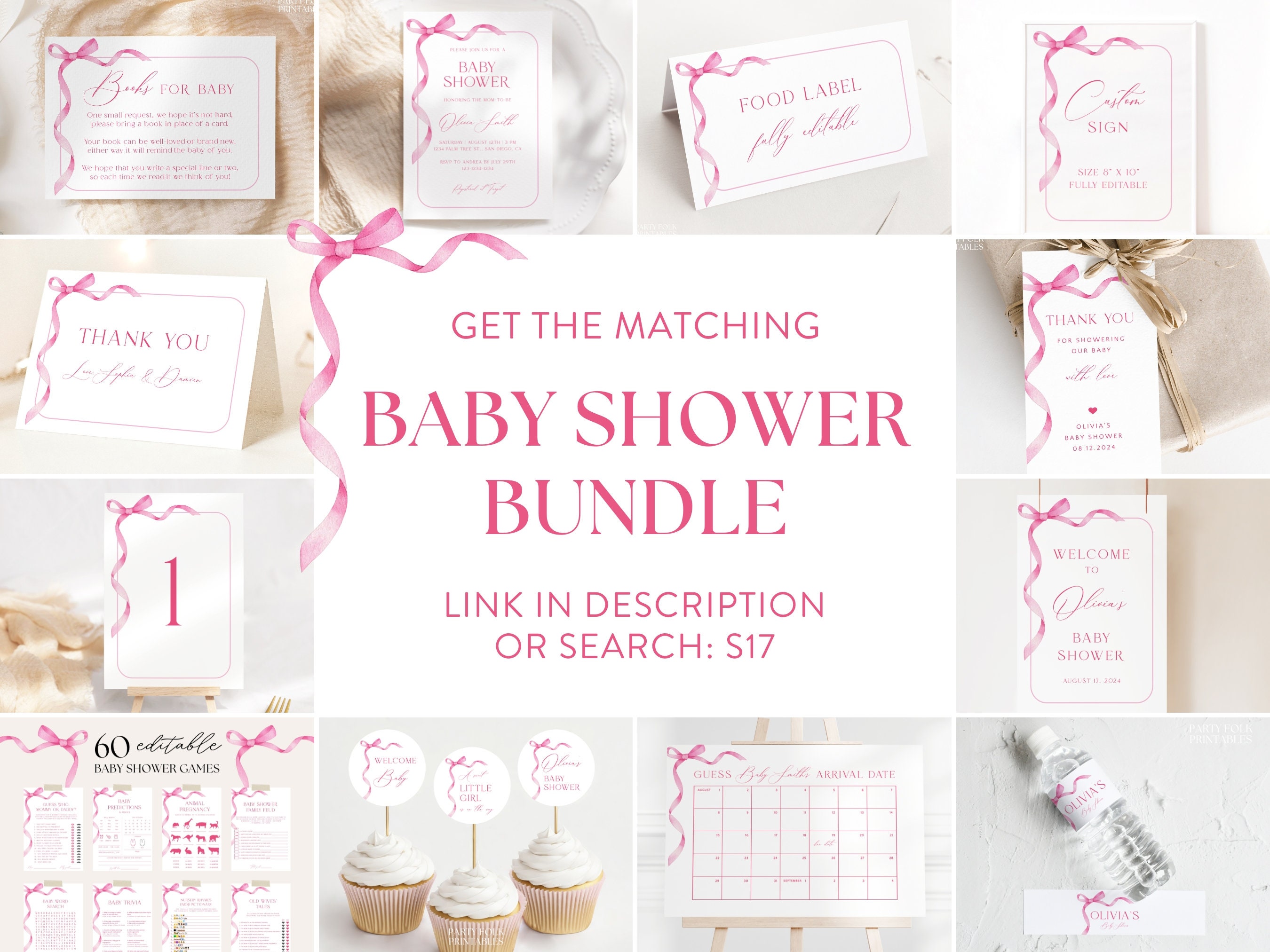 Editable Hot Pink Bow Seating Chart Template, Instant Girl Baby Shower ...