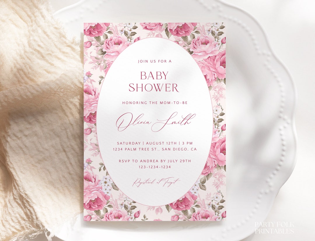 Pink Roses Baby Shower Invitation Template, Editable Shabby Chic Baby ...