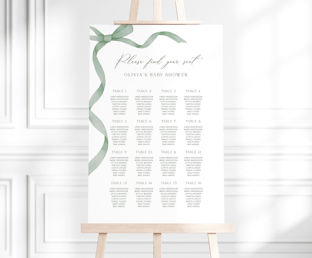 Editable Sage Green Bow Seating Chart Template, Instant Gender Neutral ...