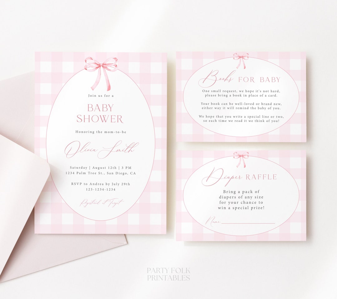 Editable Pink Preppy Gingham Baby Shower Invitation Template Set, Bow ...