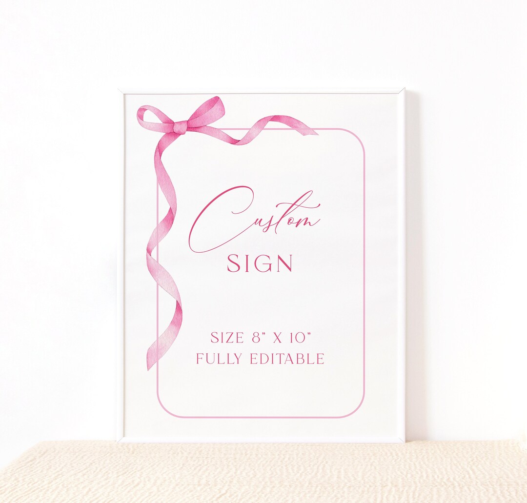Editable Hot Pink Bow Baby Shower Custom Sign, Pink Ribbon Customized ...