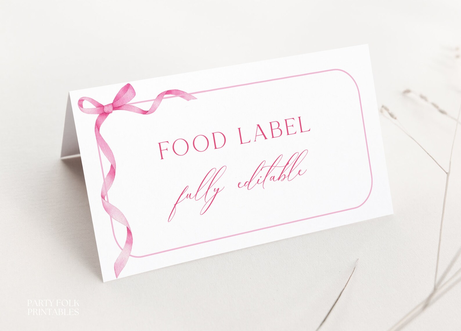 Editable Hot Pink Bow Buffet Card Template, Bright Pink Food Label ...