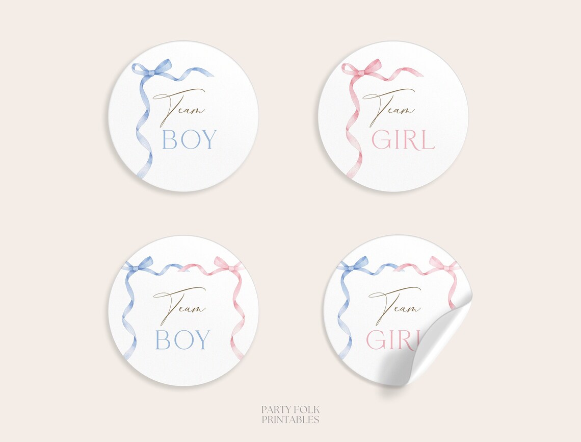 Gender Reveal Party Stickers Template, Pink and Blue Bow Ribbon Gender ...