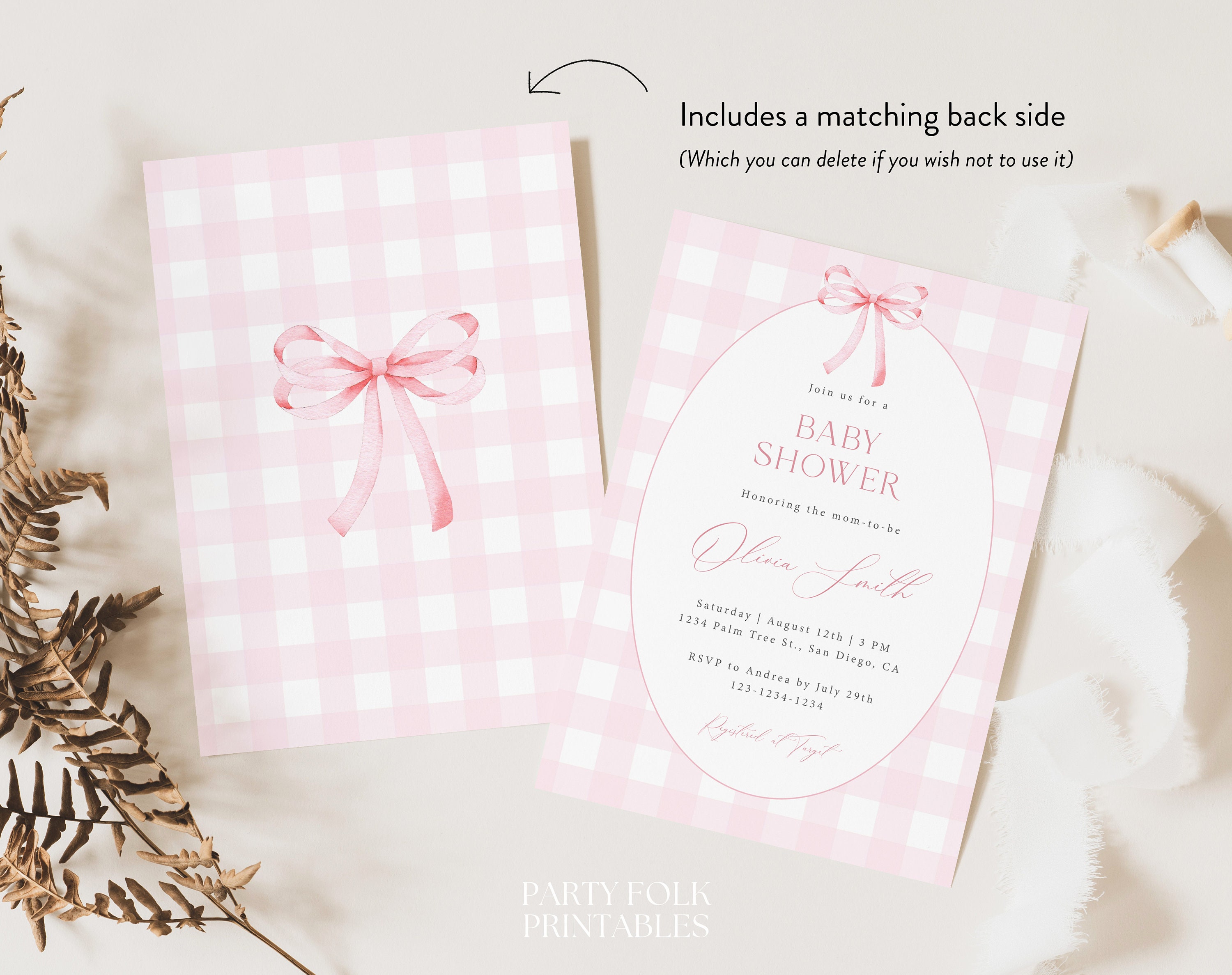 Editable Pink Preppy Gingham Baby Shower Invitation Template Set, Bow ...