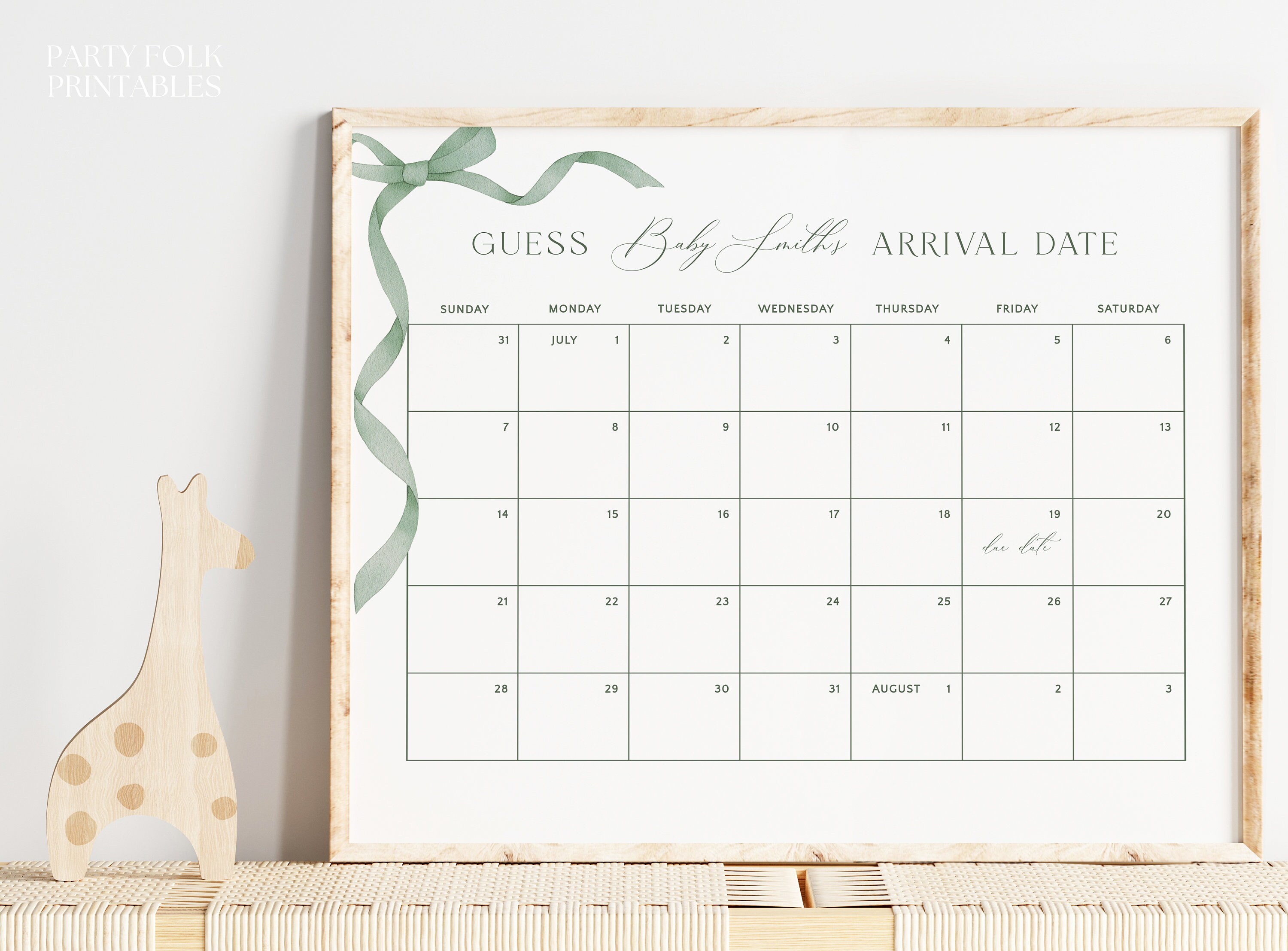 Editable Sage Green Bow Guess the Due Date Calendar Template, Sage ...