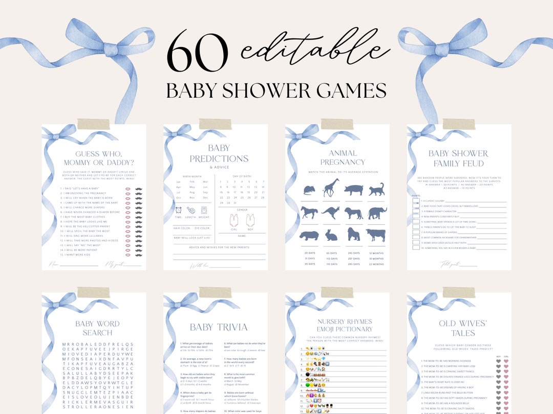Editable Blue Bow Baby Shower Game Bundle, Dusty Blue Ribbon Game ...