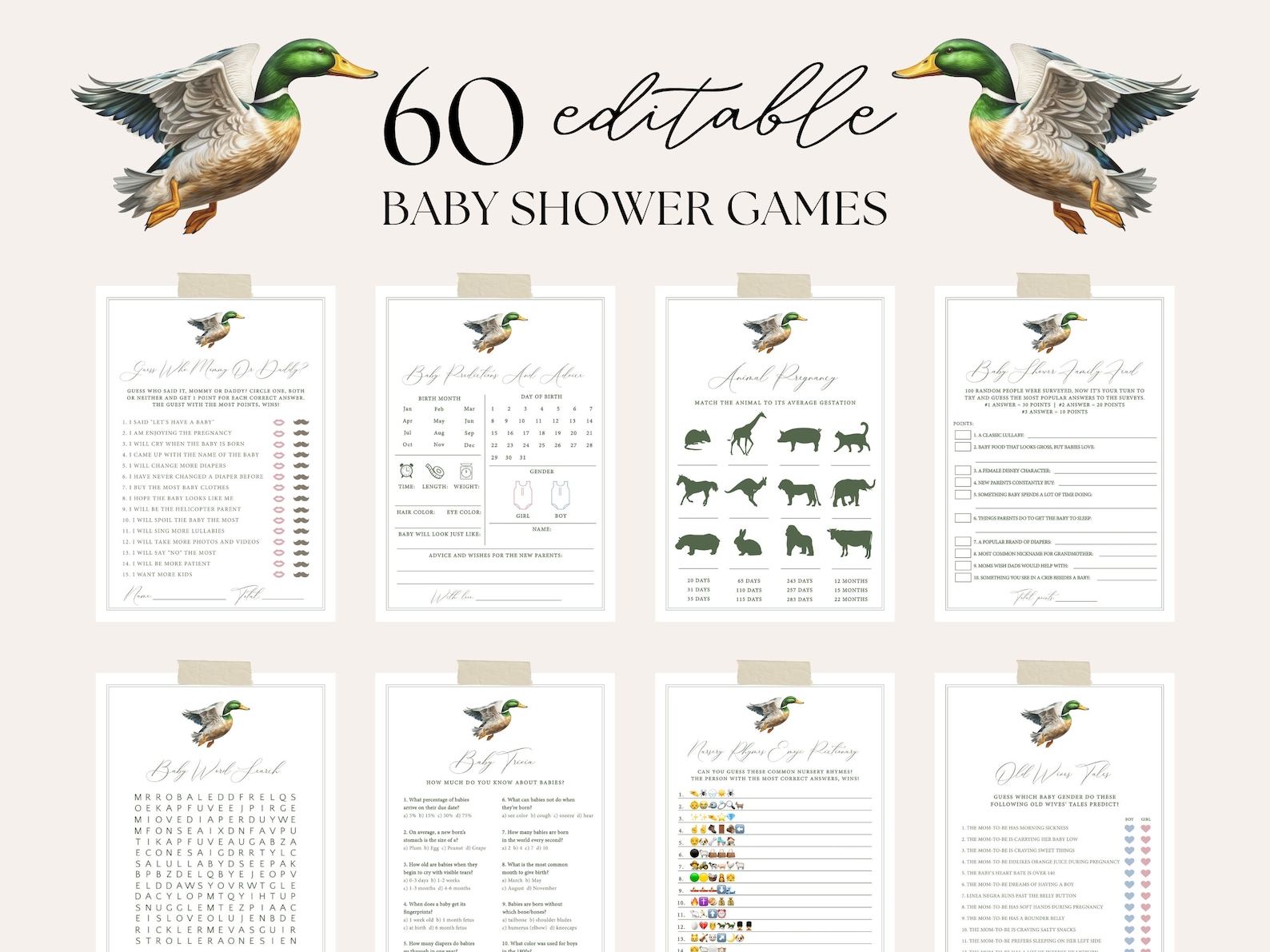 Editable Mallard Duck Baby Shower Game Bundle, Duck Baby Game Template ...