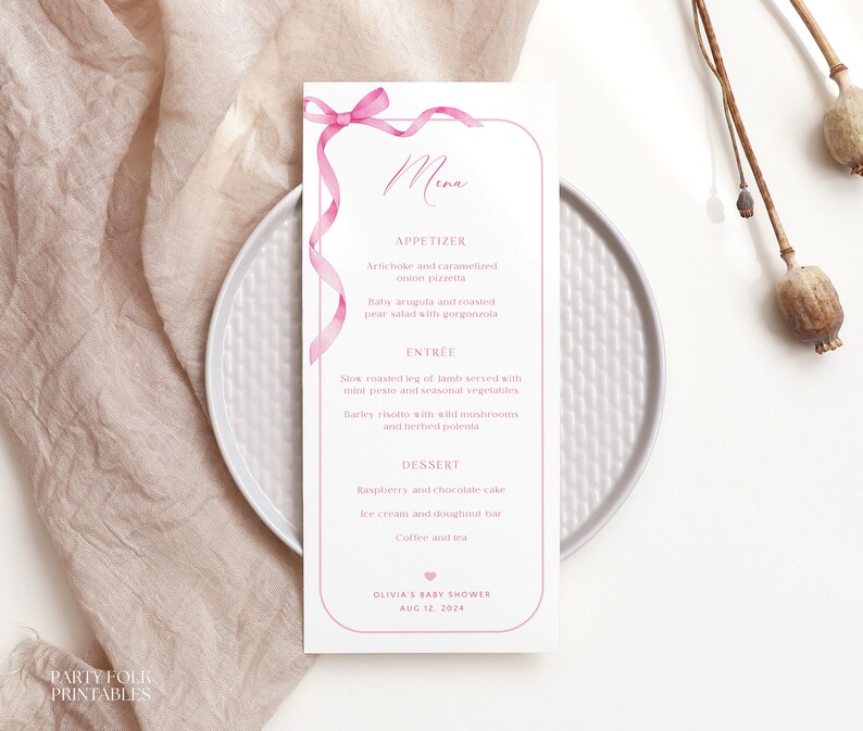 Editable Pink Bow Baby Shower Menu Template, Pink Ribbon Girl Shower ...