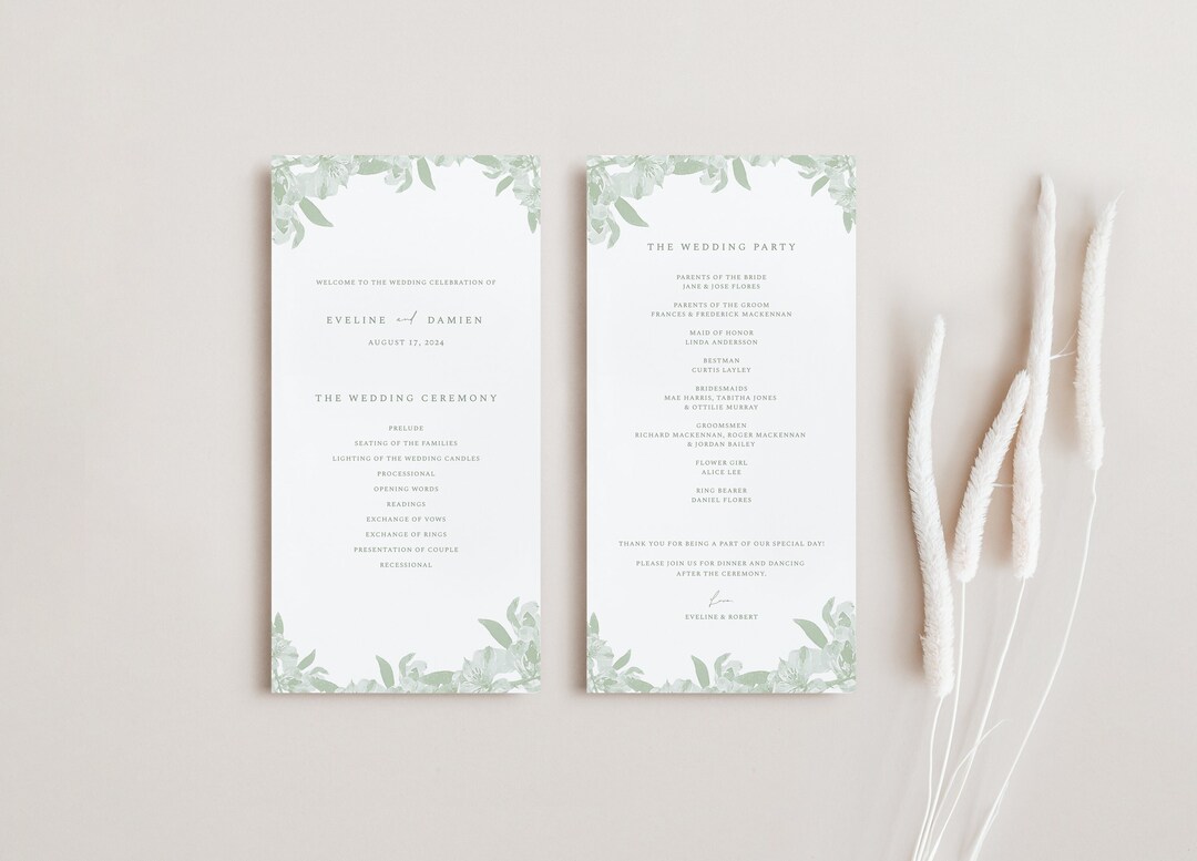 Green Vintage Floral Wedding Program Template, Editable Wedding Program, Romantic Program ...