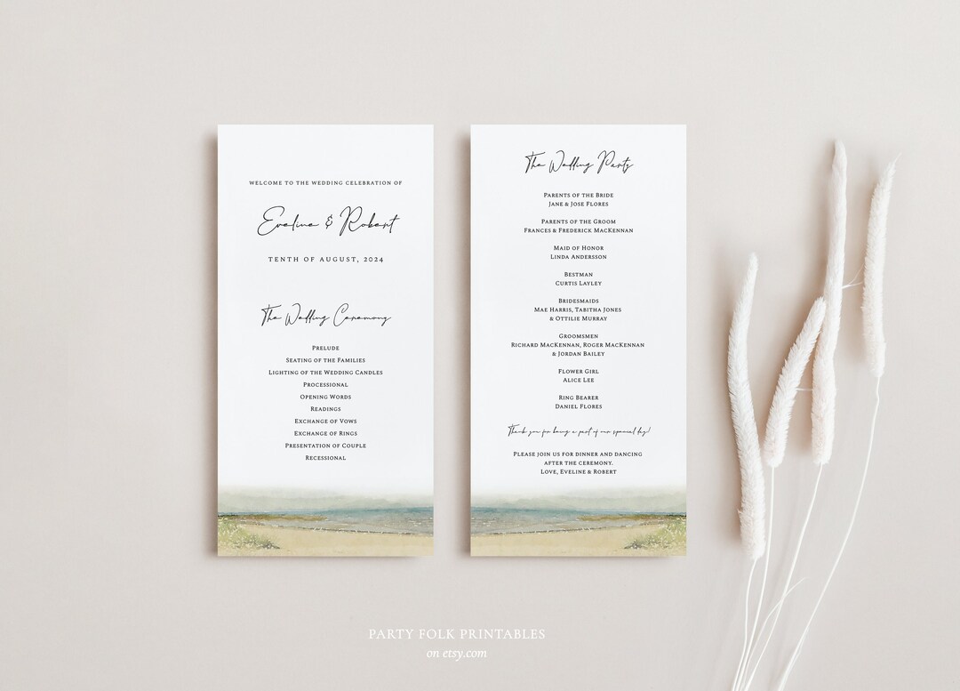 MARIS Beach Wedding Program Digital Template, Watercolor Seaside ...