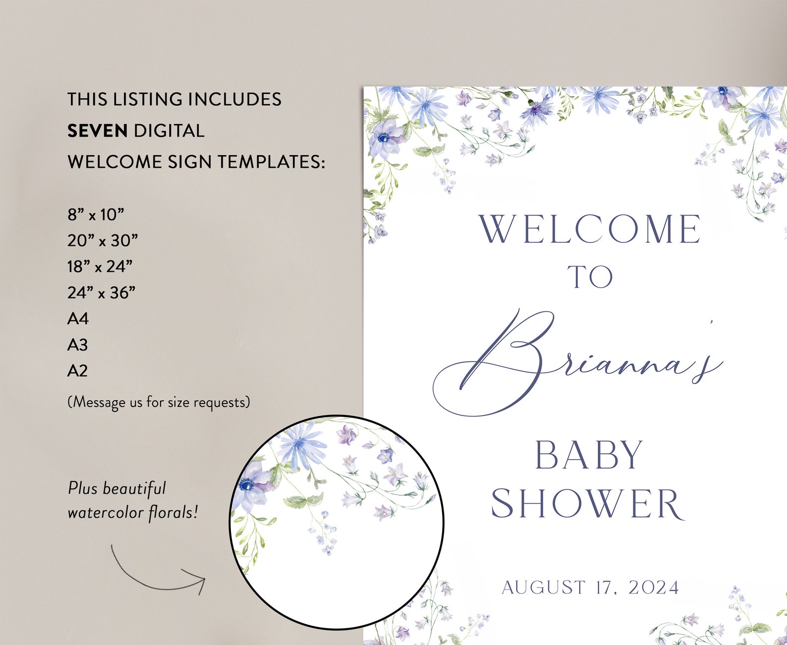 Editable Blue Floral Baby Shower Welcome Sign Template, Printable Baby ...