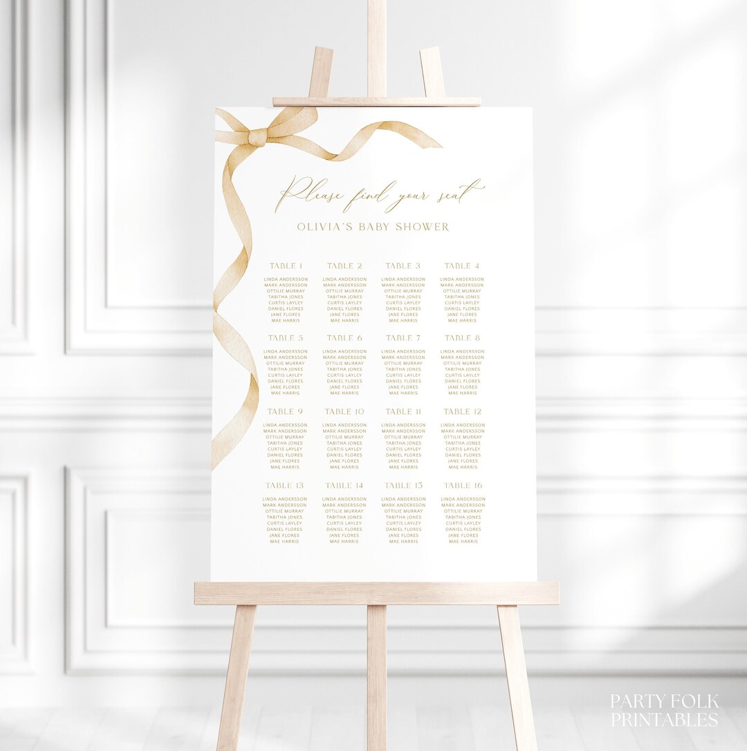 Editable Gold Bow Seating Chart Template, Instant Gender Neutral Baby ...