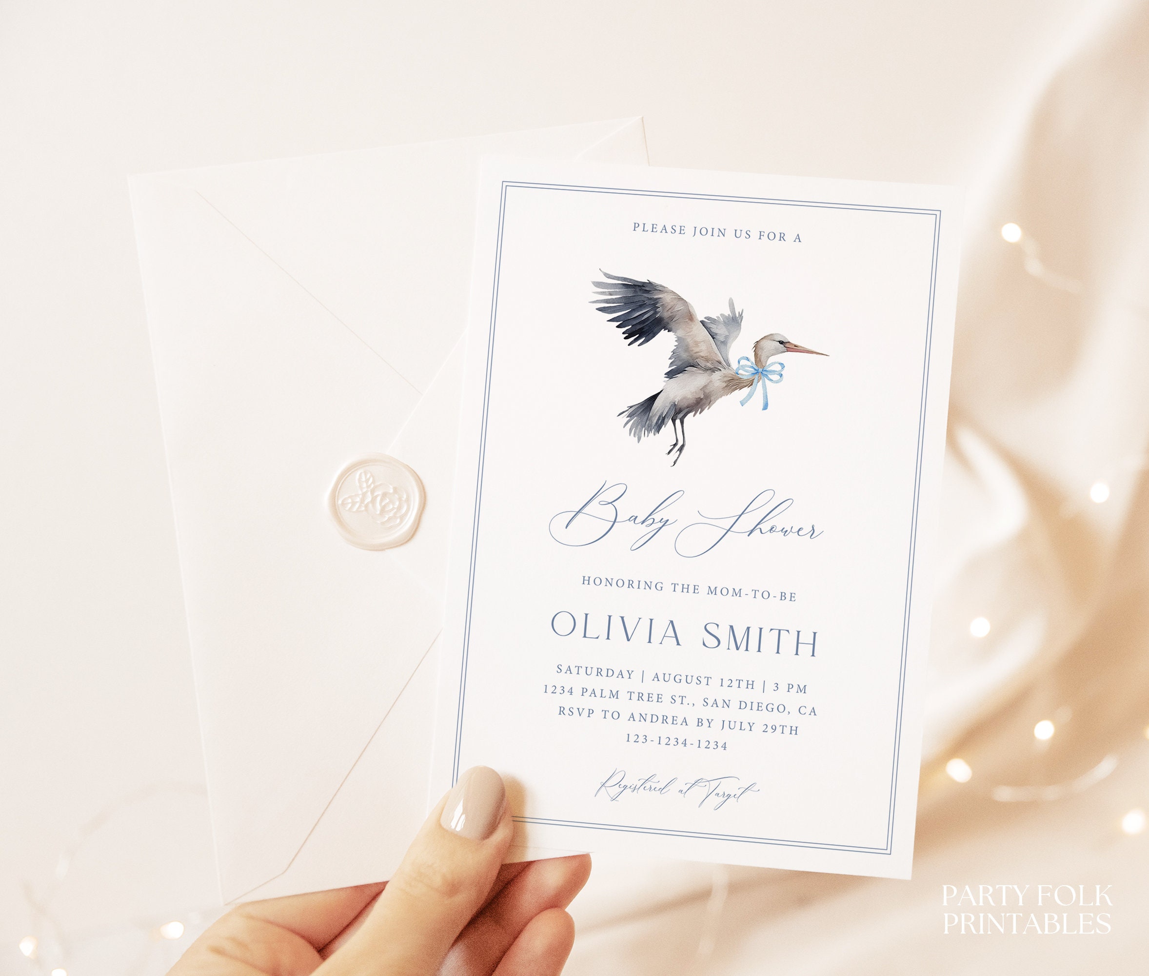 Blue Stork Baby Shower Invitation Template Set Stork Boy Baby - Etsy